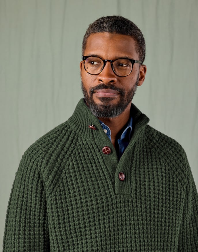 Waffle Button Neck Jumper - Dark Green