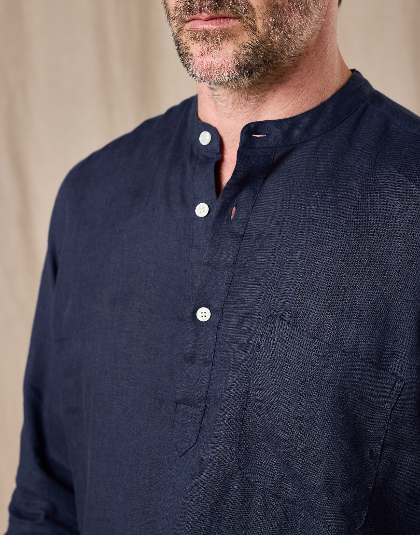 Linen Grandad Half Placket Shirt - Navy