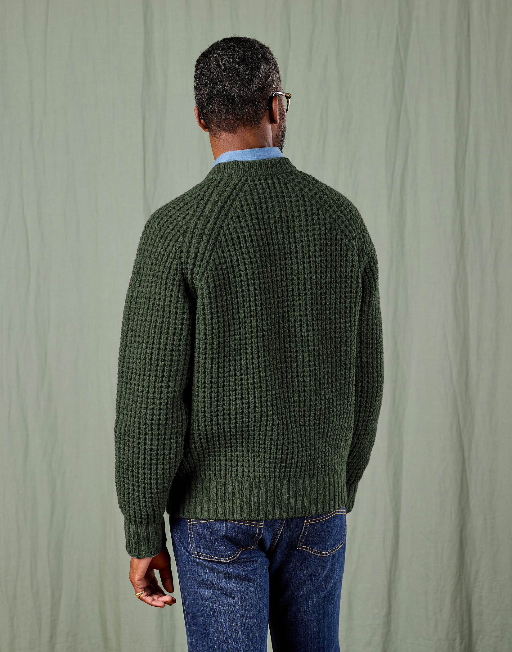 Waffle Crew Neck Jumper - Dark Green | Joseph Turner