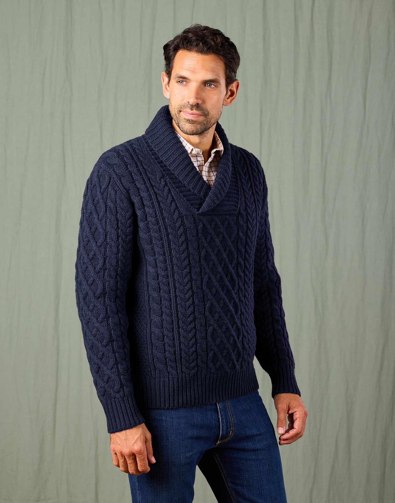 Aran Shawl Collar Jumper - Navy | Joseph Turner