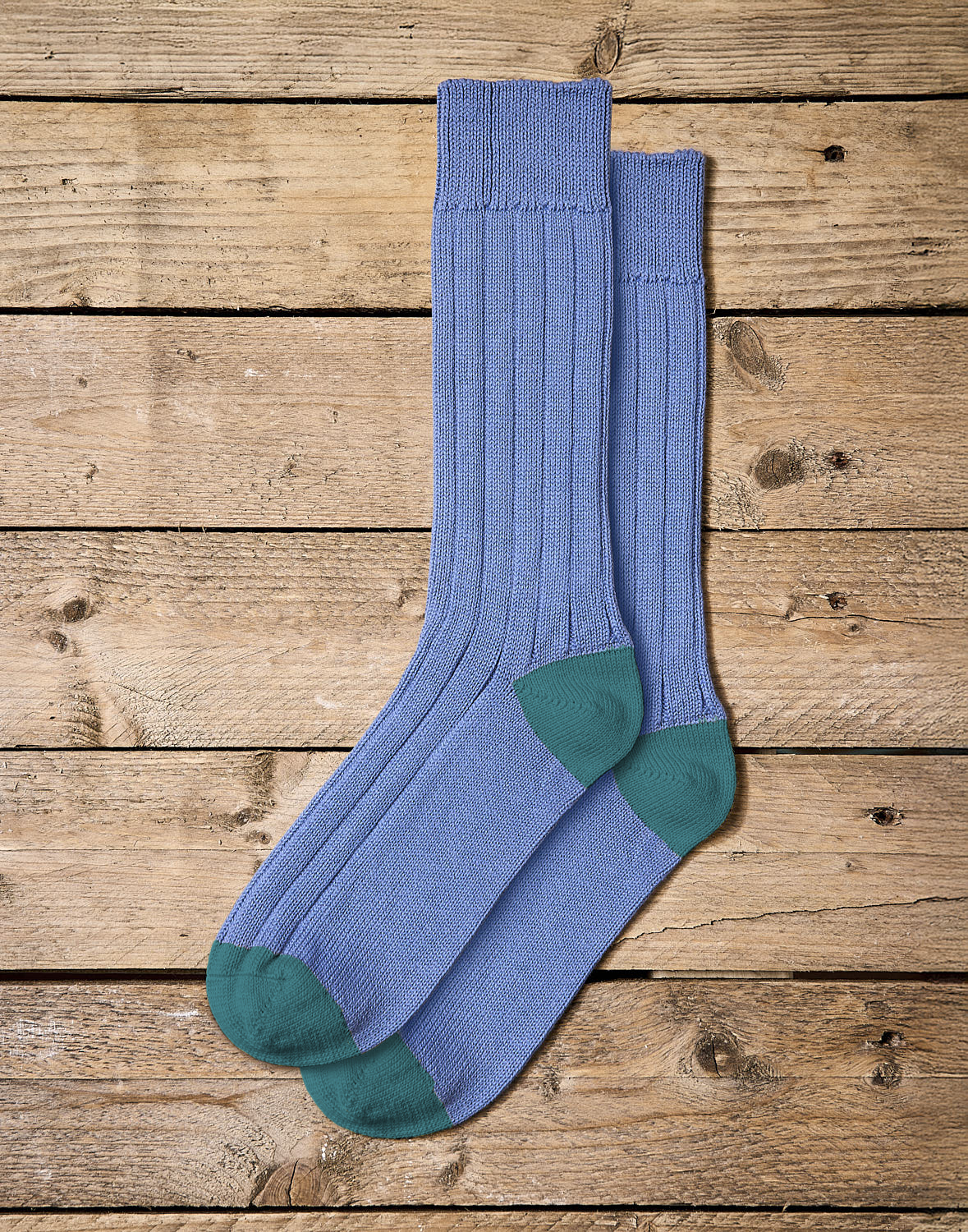 Heel & Toe Cotton Socks - Cornflower/Green | Joseph Turner