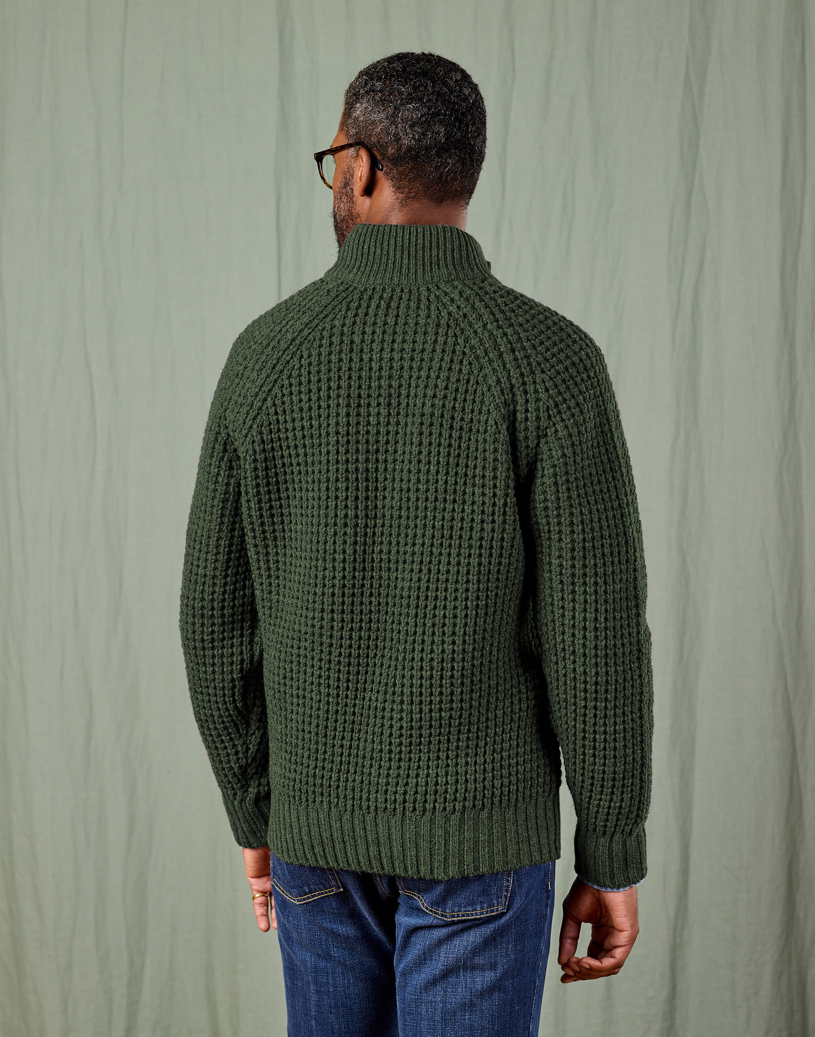 Waffle Button Neck Jumper - Dark Green | Joseph Turner