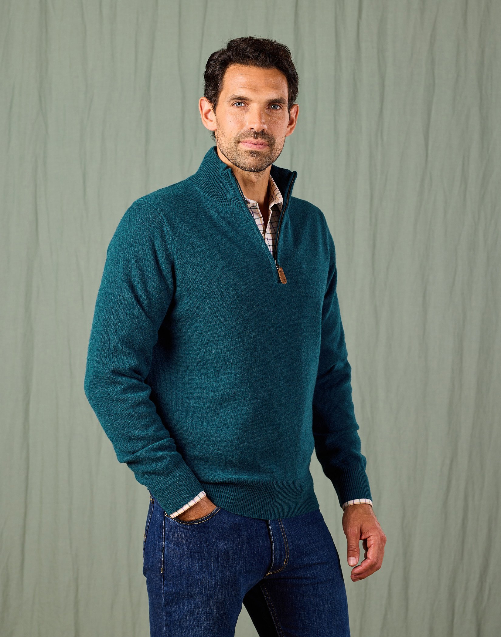 Lambswool Half Zip Jumper - Peacock | Joseph Turner