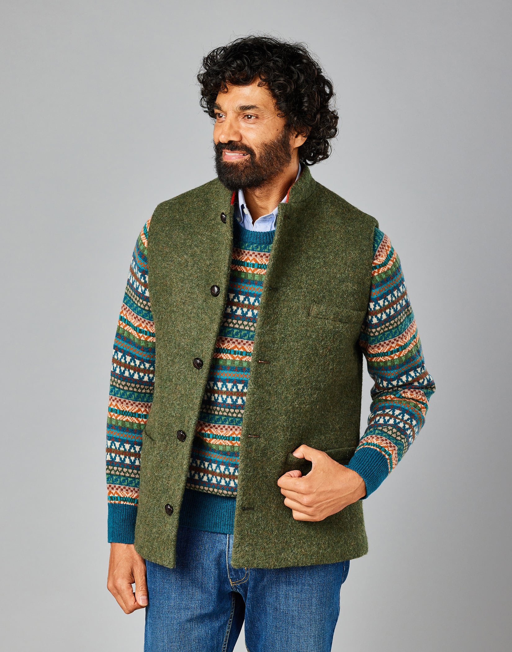 Double Faced Wool Gilet - Green/Orange | Joseph Turner