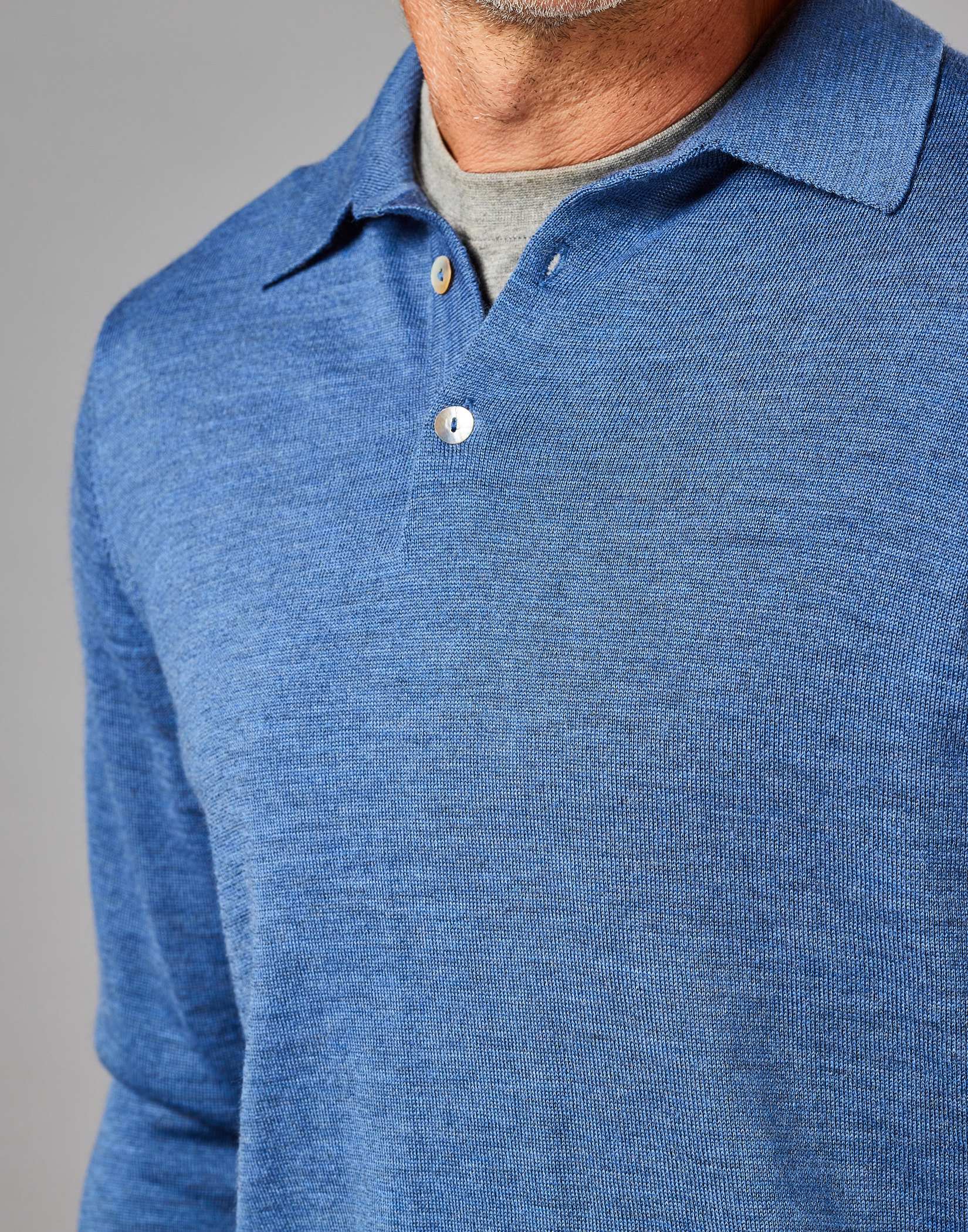Merino Polo Collar Jumper - Mid Blue | Joseph Turner